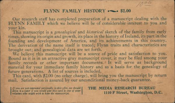 Advertising Card for Flynn Family History manuscript, genealogy Postcard
