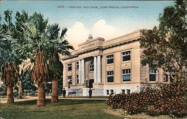 Library and Park Long Beach, CA Postcard