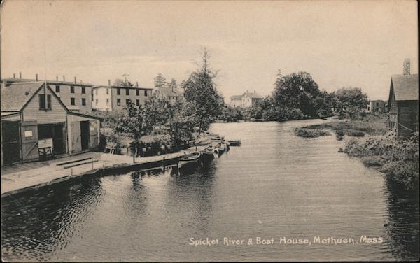 Spicket River & Boat House Methuen, MA Postcard