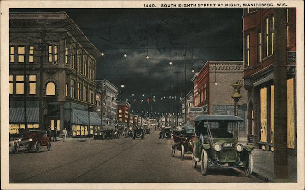 South Eighth Street at Night Manitowoc, WI Postcard
