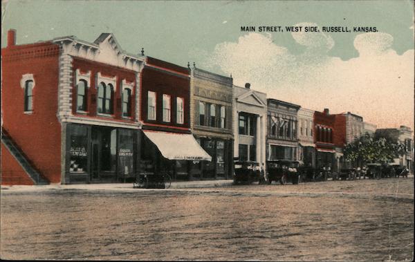 Main Street, West Side Russell, KS Postcard