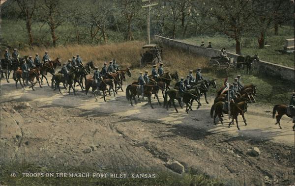 Troops On The March, Fort Riley, Kansas Postcard