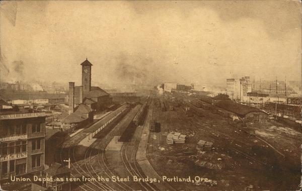 Union Depot as Seen From The Steel Bridge, Portland, Ore. Oregon Postcard