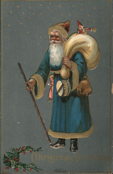 Christmas Greetings Santa Holding Toy Sack Santa Claus Postcard