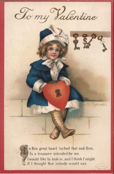To My Valentine -- Child Holding Heart Lock Children Ellen Clapsaddle ...