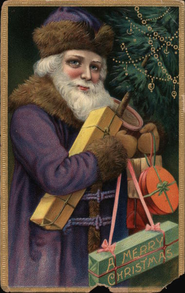 A Merry Christmas: Purple Santa delivers gifts Santa Claus Postcard