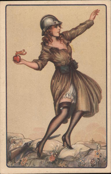 Woman Soldier Throwing Heart Gernade Artist Signed Adolfo Busi Postcard