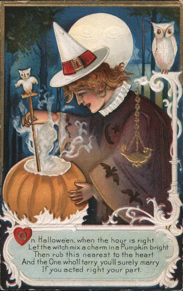 Witch Mixing Brew in Pumpkin Halloween Postcard