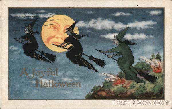 A Joyful Halloween-3 witches flying on broomsticks at night in front of ...