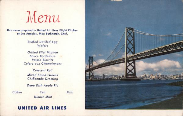 United Air Lines Menu - San Francisco Bay Bridge Airline Advertising ...