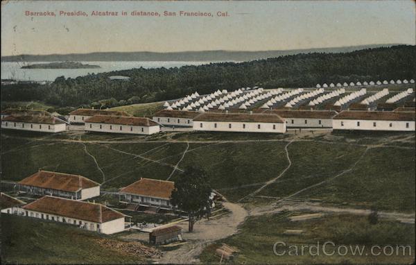 Barracks, Presidio, Alcatraz in Distance San Francisco, CA Postcard