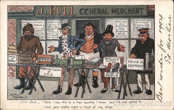 A cartoon of a merchants from around the world set up right in front of ...