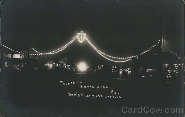 Fourth Street, Night Scene at Rose Carnival Santa Rosa, CA Postcard