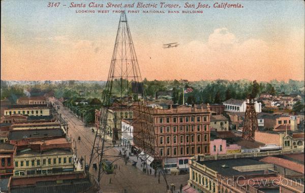 Santa Clara Street and Electric Tower, San Jose, California. Looking ...