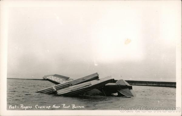 Wiley Post and Will Rogers Plane Crash Point Barrow, AK Aviators Postcard