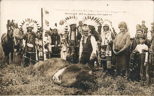 Geronimo carving buffalo meat for his Indians. Chiefs in Full Headdress ...