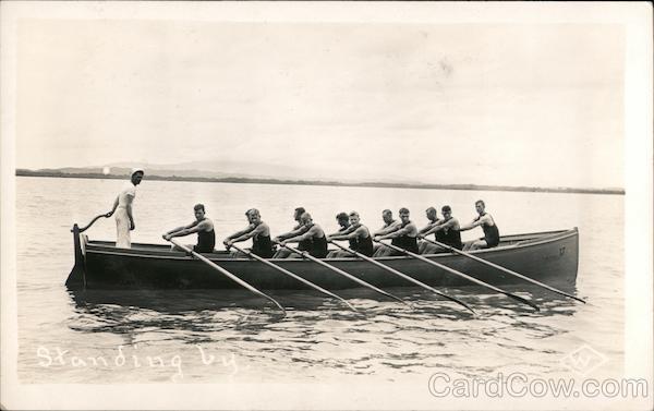 Standing by - Men rowing boat Navy Postcard
