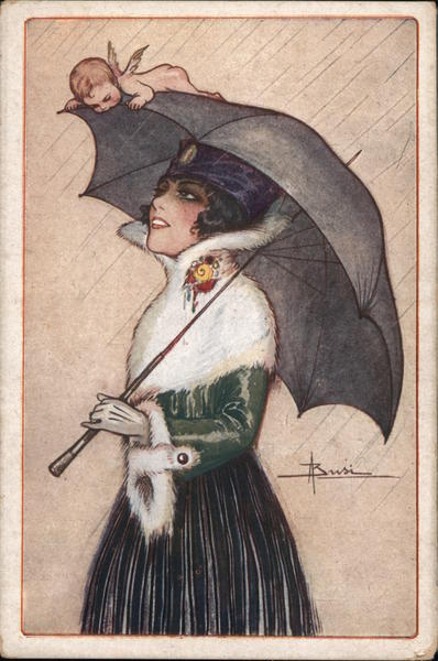 Set of 4: Women with Cupid, Art Deco Artist Signed Adolfo Busi Postcard