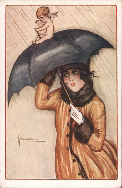 Set of 4: Women with Cupid, Art Deco Artist Signed Adolfo Busi Postcard