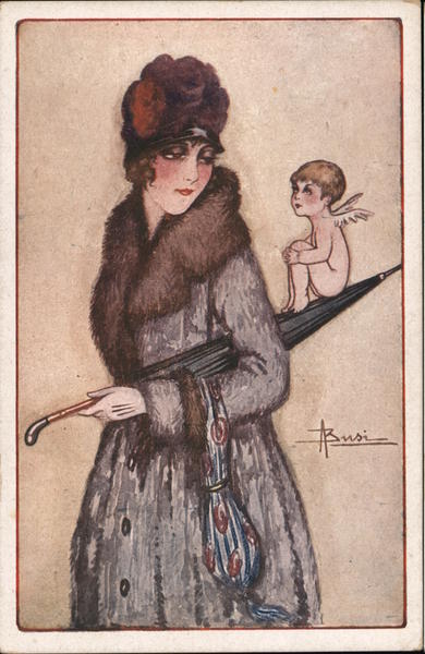 Set of 4: Women with Cupid, Art Deco Artist Signed Adolfo Busi Postcard