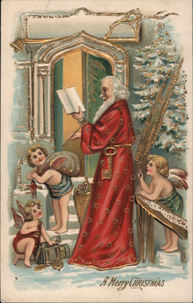 A Merry Christmas - Santa with Angels Santa Claus Postcard