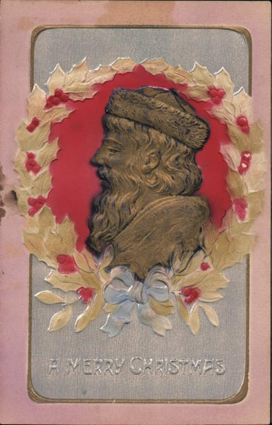 Embossed A Merry Christmas - Santa in Wreath Santa Claus Postcard