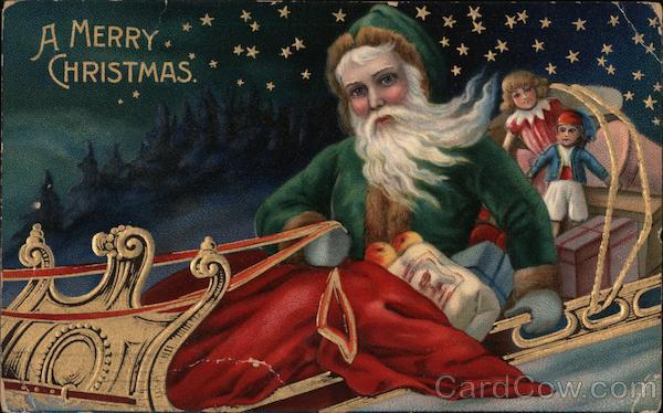A Merry Christmas - Green Santa in a Sleight with Toys Santa Claus Postcard
