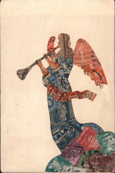 Stamp Collage angel Macerated Money & Stamps Postcard