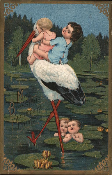 Set of 3: Stork with Multiple Babies Postcard