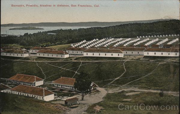 Barracks, Presidio, Alcatraz in distance San Francisco, CA Postcard