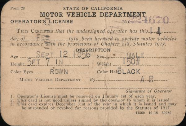 1919 State of California Motor Vehicle Department Operator's License ...