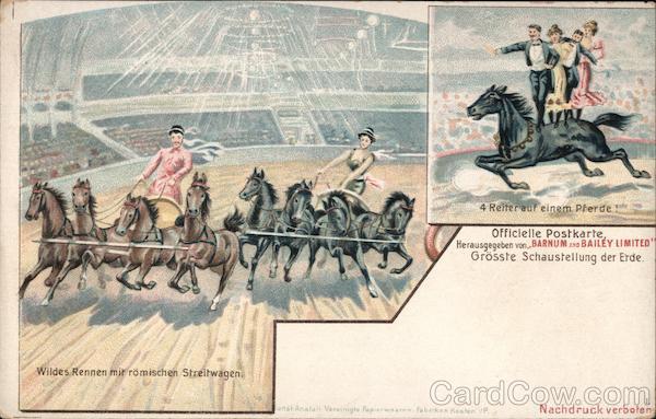 Barnum and Bailey limited. Two woman in roman chariot race. Four people ...