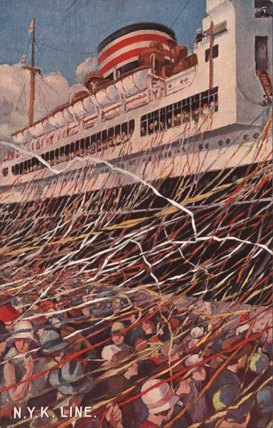 N.Y.K Line. Ship leaving dock with streamers and celebration Cruise ...