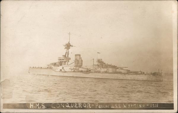 H.M.S. Conqueror passing U.S.S. Wyoming - 1918 Ships Postcard