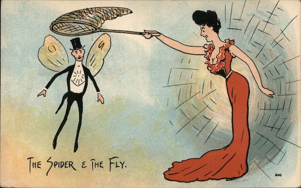 The Spider & the Fly. Woman in red dress, spider web uses net to catch ...