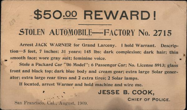 $50.00 Reward! Stolen Automobile Jack Warner for Grand Larceny San ...