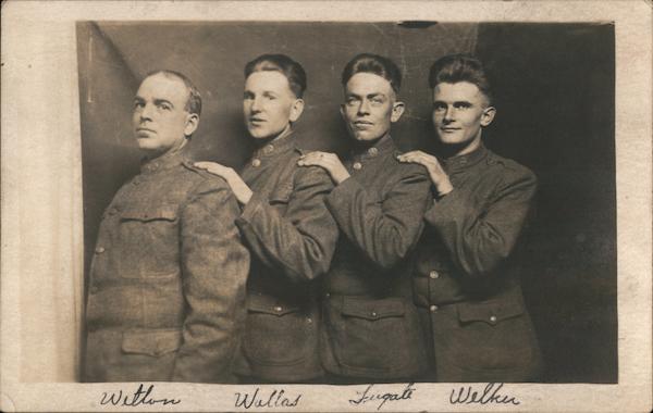 Four Soldiers, All Identified on Back World War I Postcard