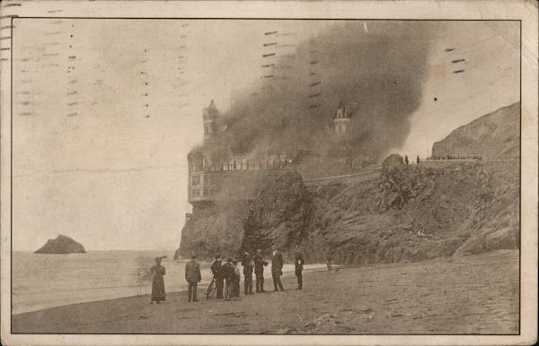 Group of People on Beach Watching Cliff House Fire San Francisco, CA ...