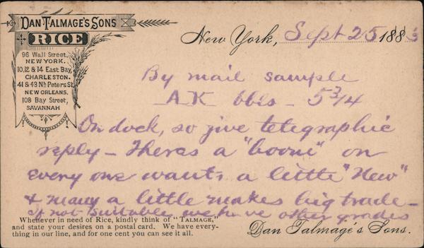 Dan Talmage's Sons Rice New York, NY Postcard