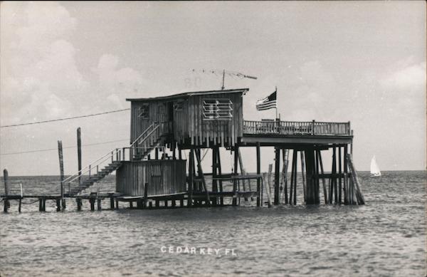 Multi-Level Pier and Shack over Cedar Key, FL Florida Postcard