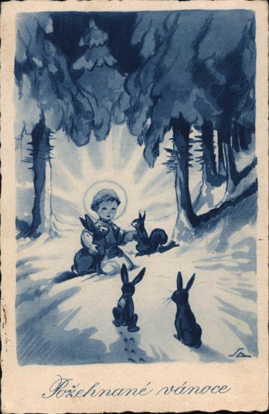 Blessed Christmas - a cherub sits in the snow under the trees with ...