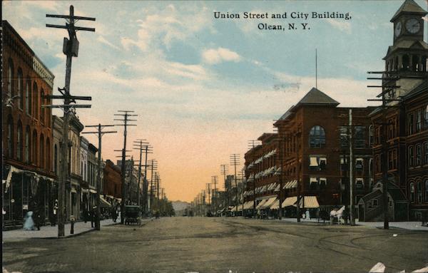 Union Street and City Building Olean, NY Postcard
