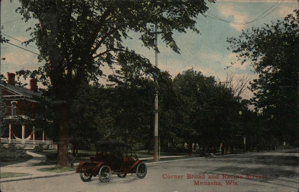 Corner Broad and Racine Streets Menasha, WI Postcard