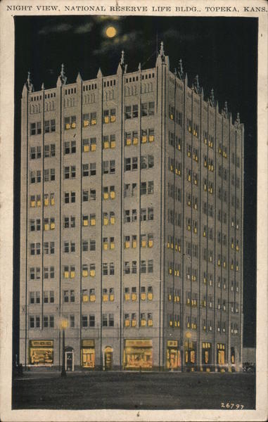 Night View, National Reserve Life Bldg. Topeka, KS Postcard