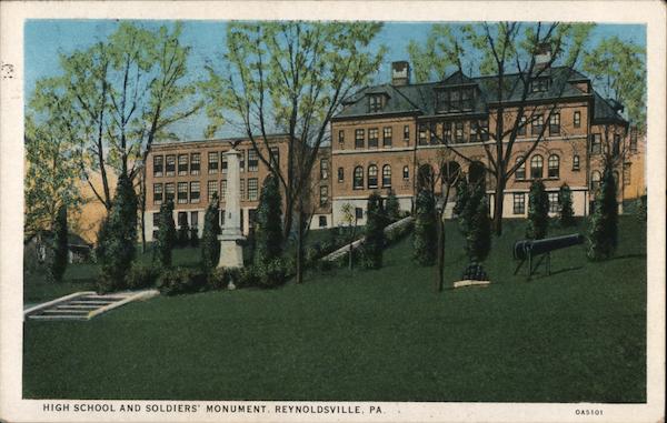 High School and Soldiers' Monument Reynoldsville, PA Postcard