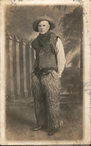 Man Dressed as a Cowboy Wearing Wooly Chaps Studio Photos Postcard