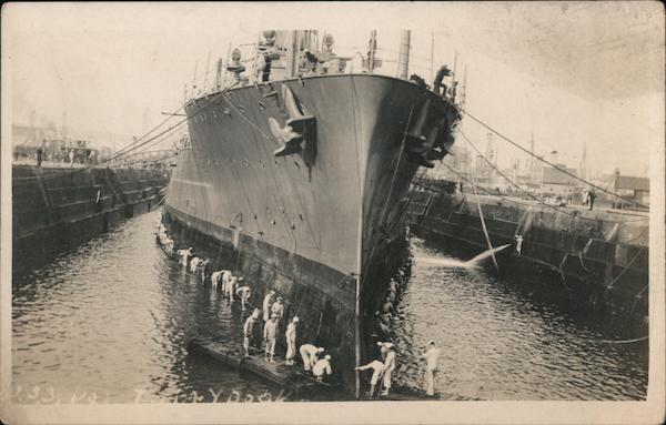 Sailors Cleaning a Warship in Dry Doc Navy Postcard