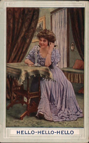 Hello-Hello-Hello - Victorian woman uses the telephone in a parlor ...