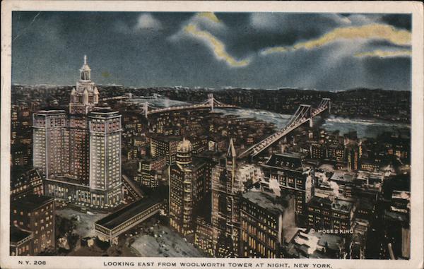 Looking East from Woolworth Tower at Night New York, NY Postcard